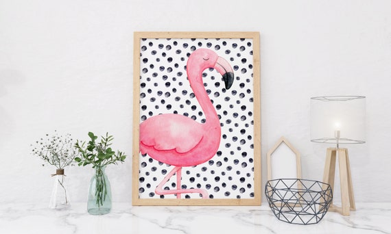 Polka Dot Watercolor Pink Flamingo Wall Art Instant Digital | Etsy