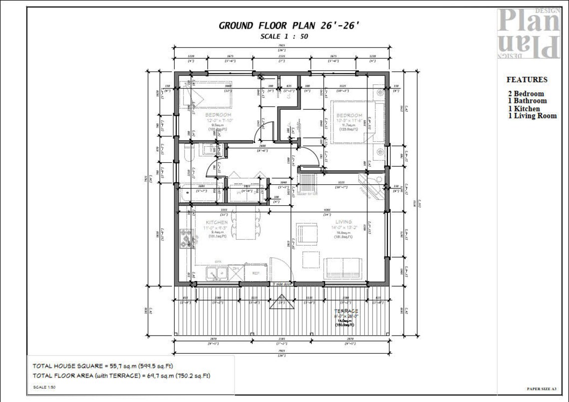 26x26 Modern house plan 557 sq.m 5995 sq.Ft Cabin Floor | Etsy