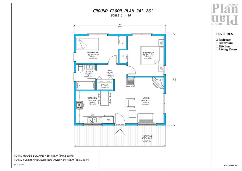 26x26 Modern house plan 557 sq.m 5995 sq.Ft Cabin Floor | Etsy