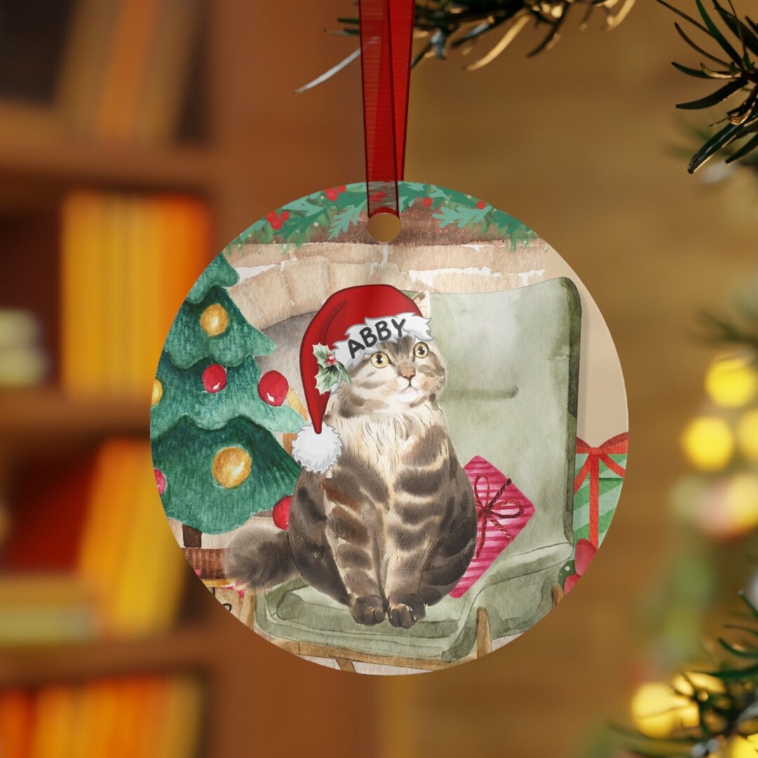 Personalized Grey Cat Christmas Ornament, Custom Gray Tabby Cat Tree ...