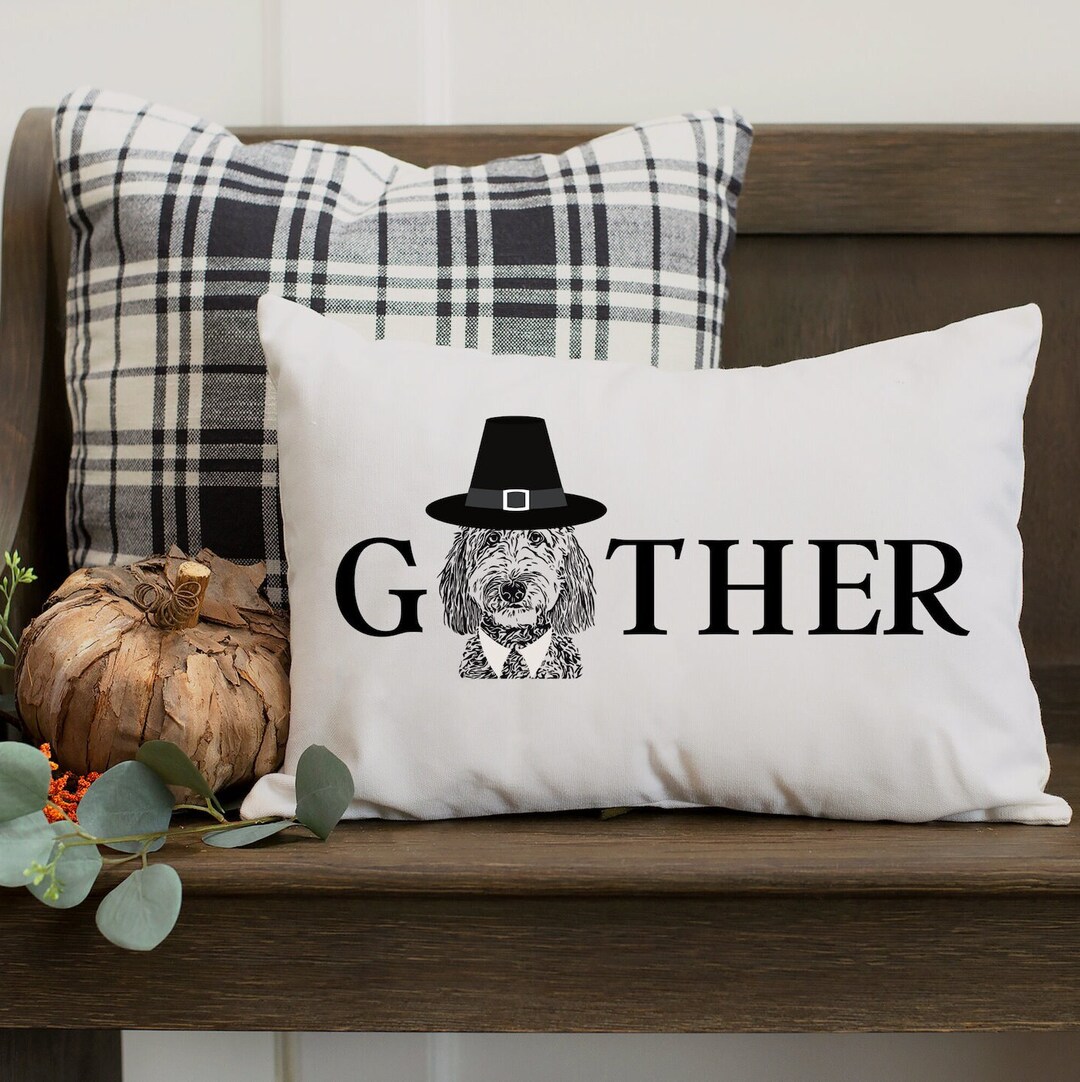 Doodle Dog Thanksgiving Fall Gather Pillow, Goldendoodle, Bernedoodle ...