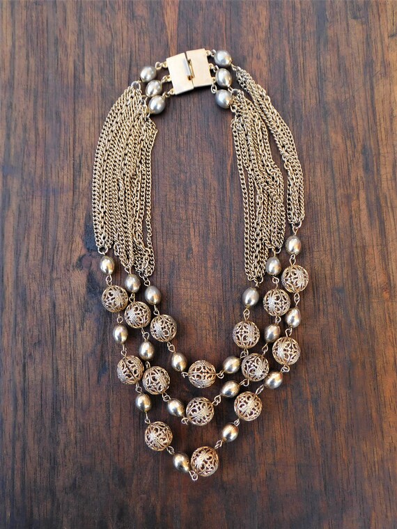 Vintage Midcentury Mod Gold Multistrand Necklace, Gol… - Gem