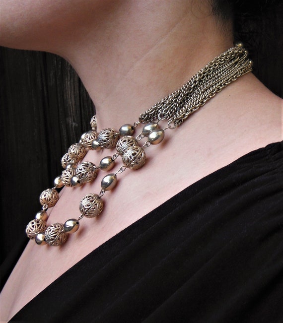Vintage Midcentury Mod Gold Multistrand Necklace, Gol… - Gem