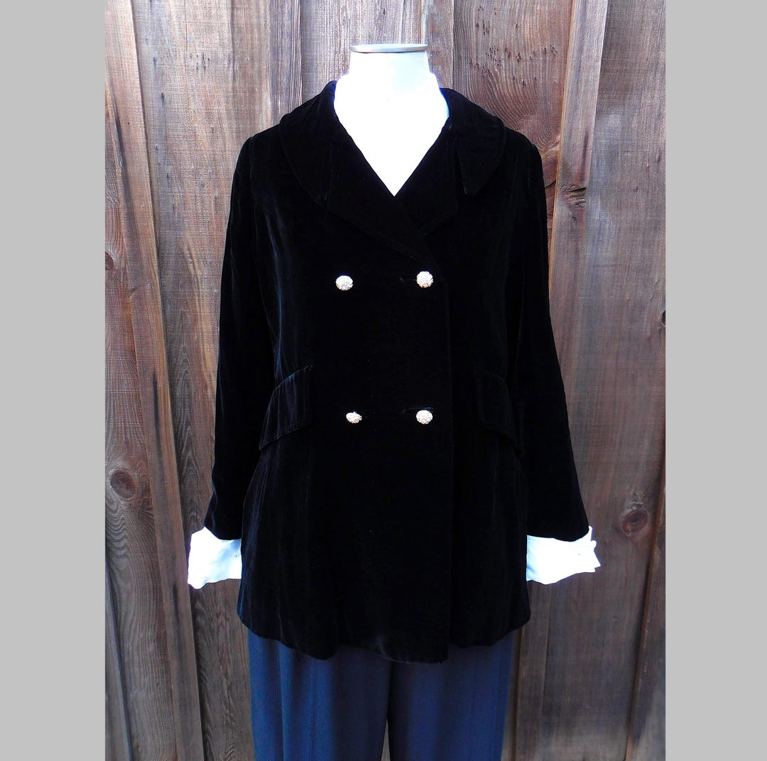 60s Women’s Medium Black Textured Velvet Pea Coat Jacket With ...