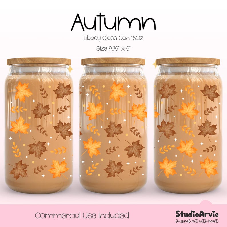 Autumn Leaves Libbey Glass Can Wrap PNG | 16oz Fall Maple Leaves Brown ...