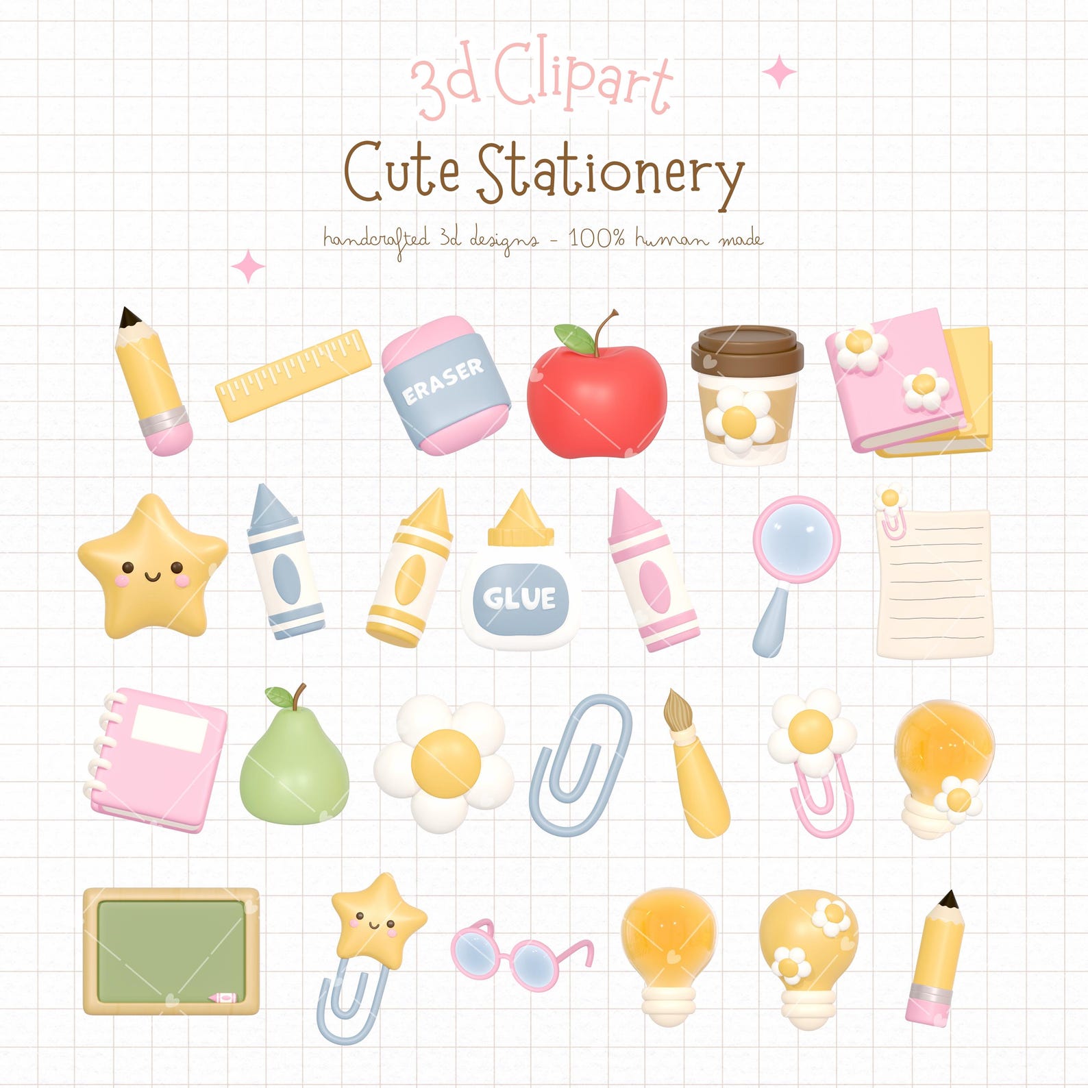 3D Cute Stationery Clipart Set, Back to School Clipart, 3d Rendering ...