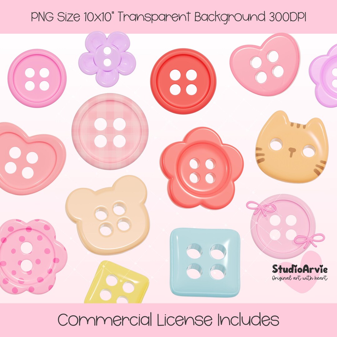 3D Kawaii Button PNG Bundle | Cute Heart Bear Cat Flower Buttons ...