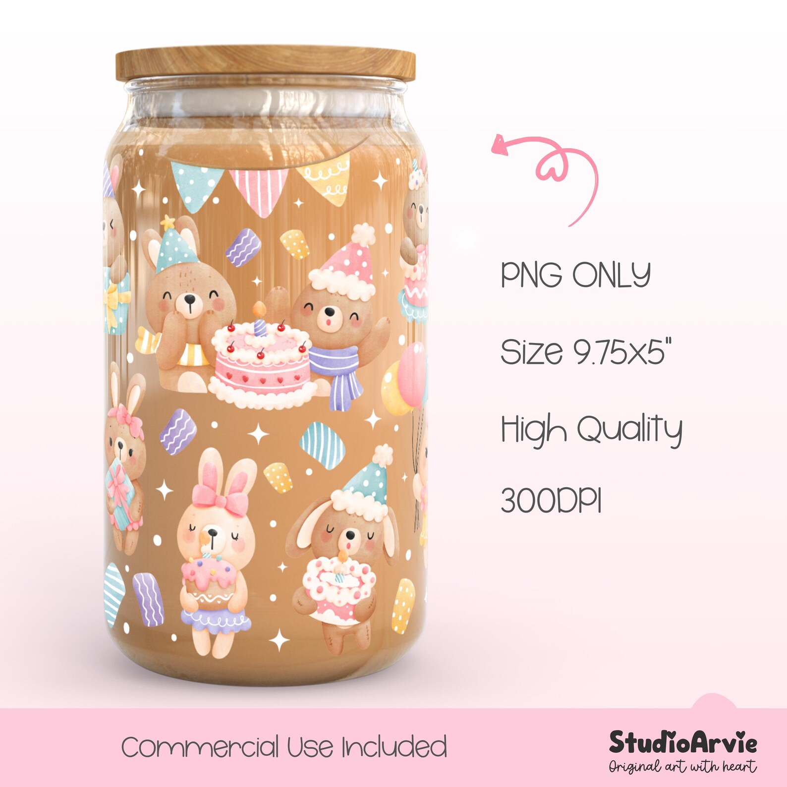 Birthday Bunny Libbey Glass Can Wrap PNG | 16oz Cute Rabbit Cake Party ...