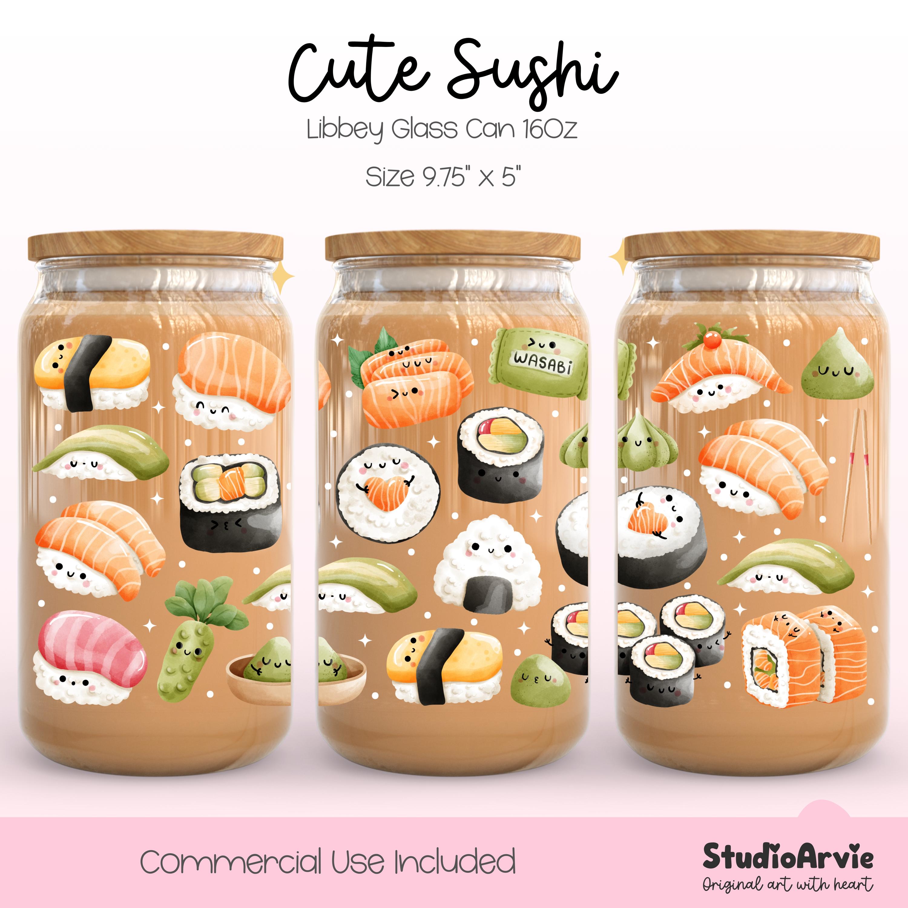 Cute Sushi Libbey Glass Can Wrap PNG | 16oz Kawaii Nigiri Maki Roll ...