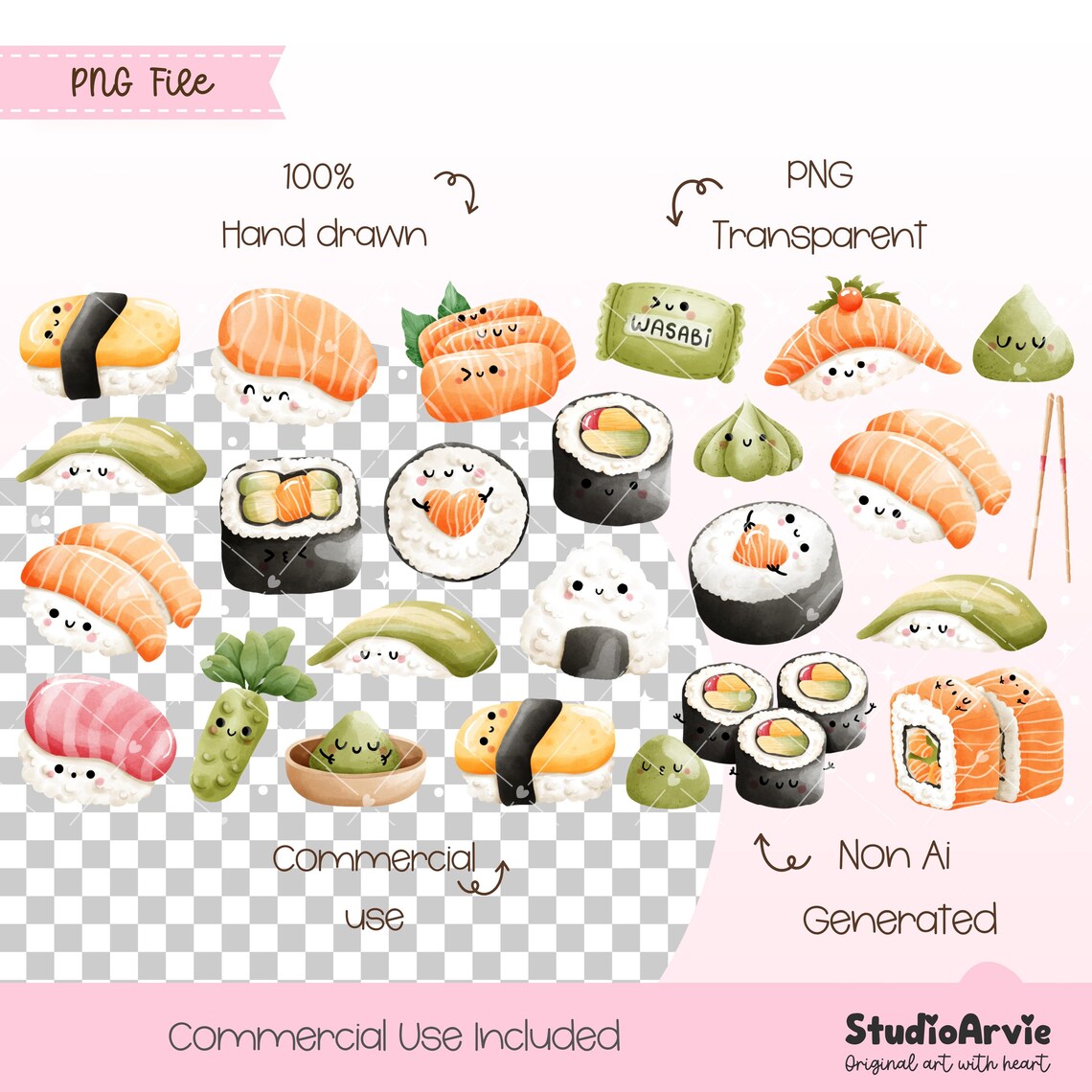 Cute Sushi Libbey Glass Can Wrap PNG | 16oz Kawaii Nigiri Maki Roll ...