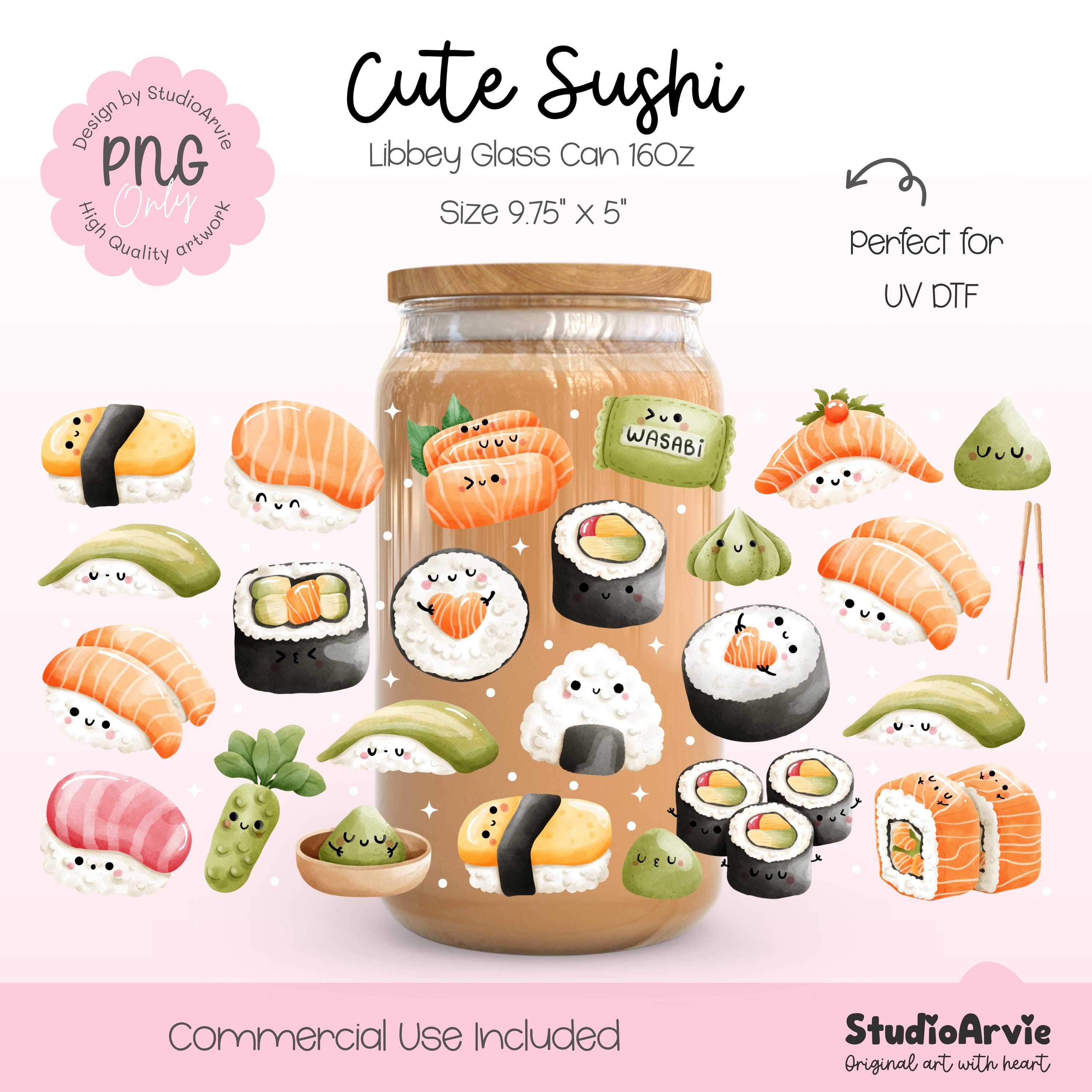 Cute Sushi Libbey Glass Can Wrap PNG | 16oz Kawaii Nigiri Maki Roll ...