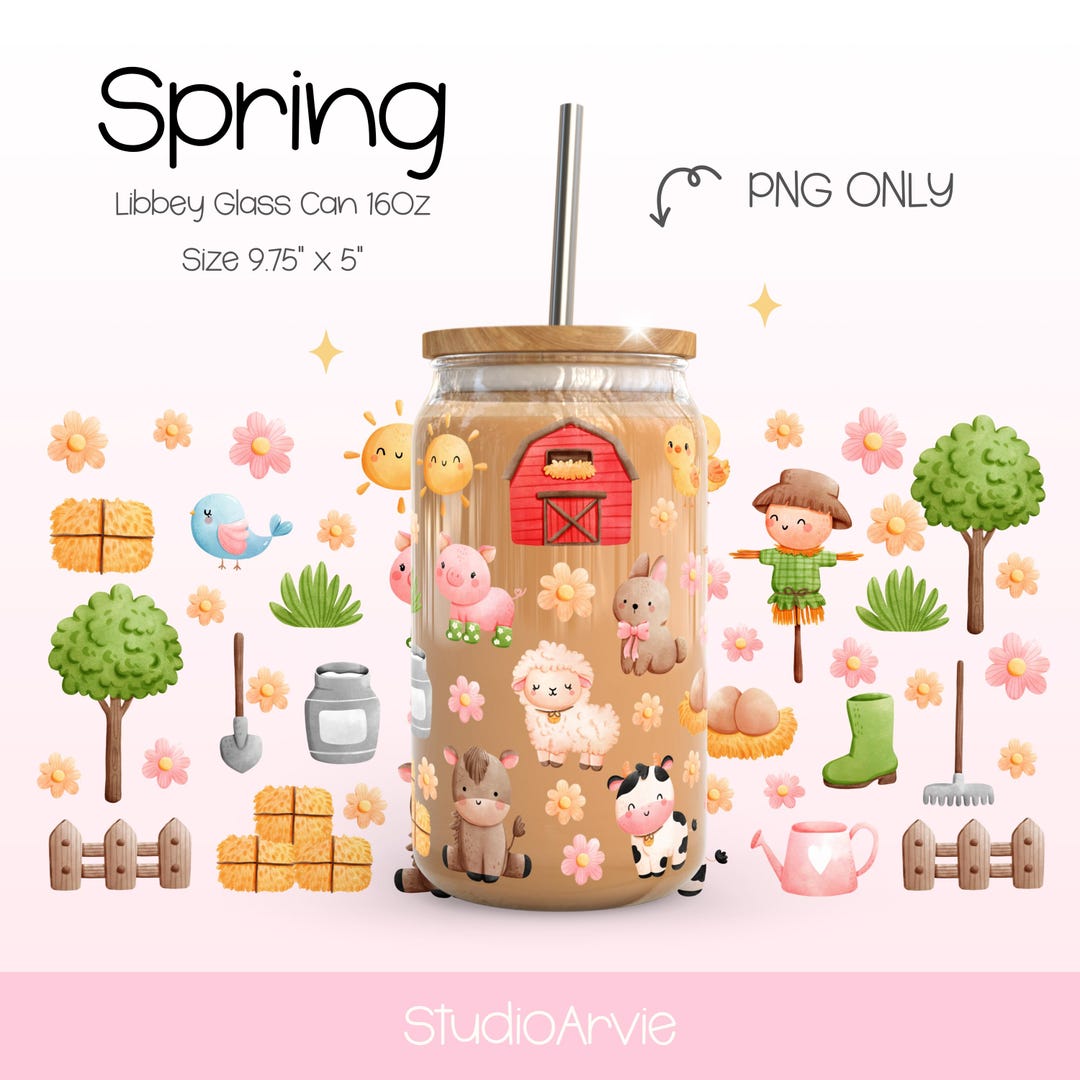 Spring Farm Glass Can Wrap, Cute Animal Farm Wrap, Garden Cottagecore ...