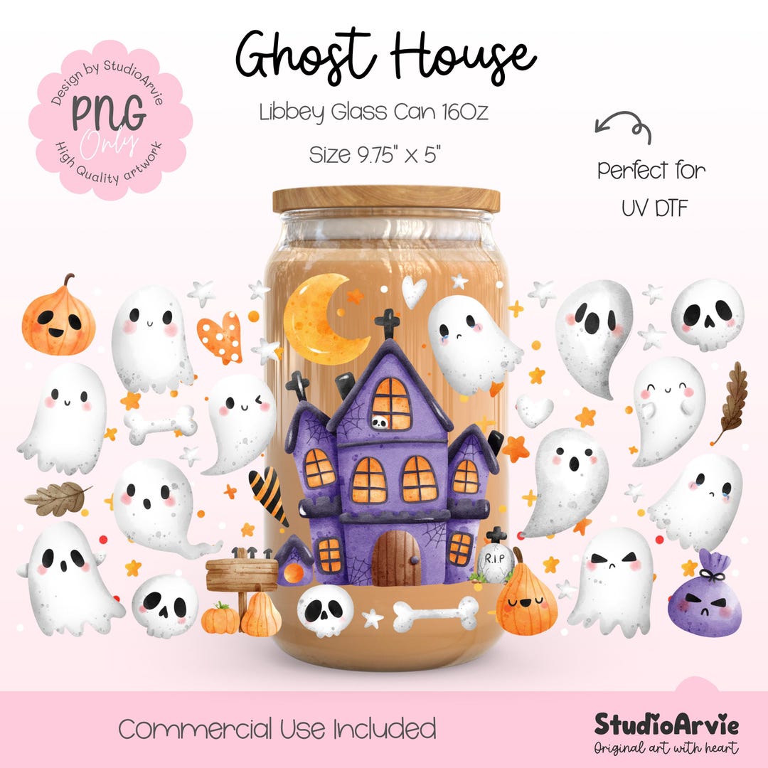 Ghost House Libbey Glass Can Wrap PNG | 16oz Haunted House Ghost ...