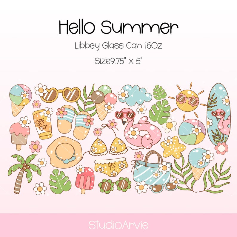Hello Summer PNG Libbey Glass Can Wrap | Cute Beach Ice Cream Surf ...
