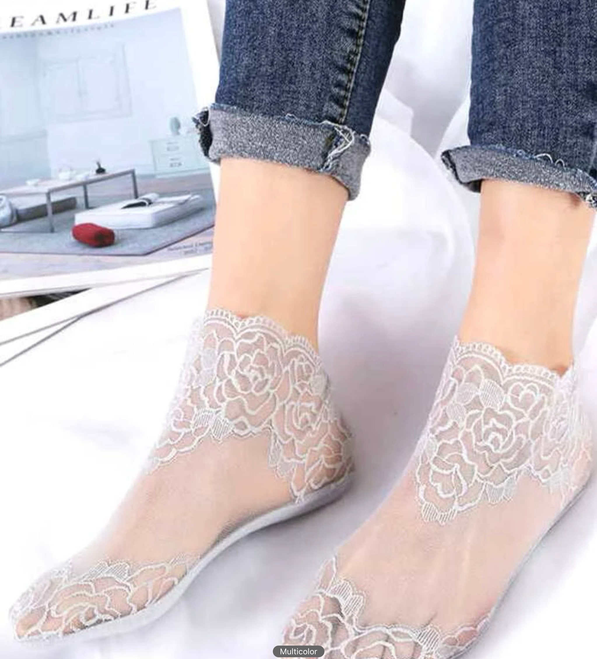 Ankle Socks Women Silk Short Thin Transparent Flower Socks, See-through ...