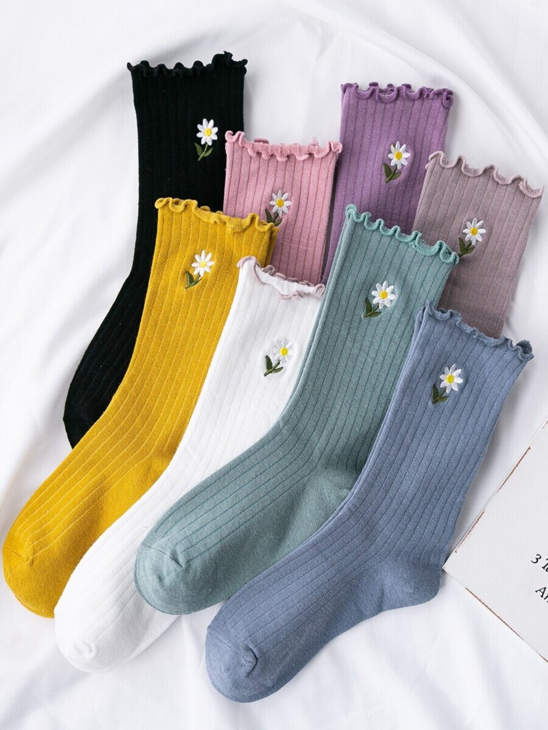 Frill Cute Daisy Flower Embroidery Soft Cotton Socks - Etsy