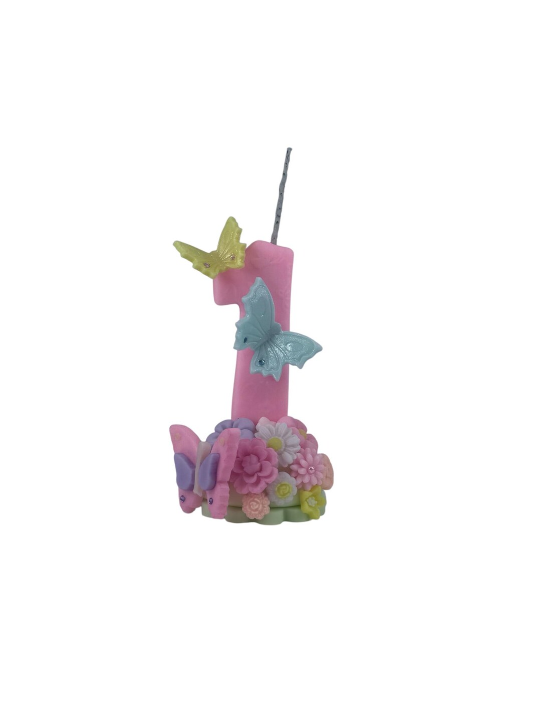 Butterfly Birthday Candle Number 1, Pink Floral Candle Topper for First ...