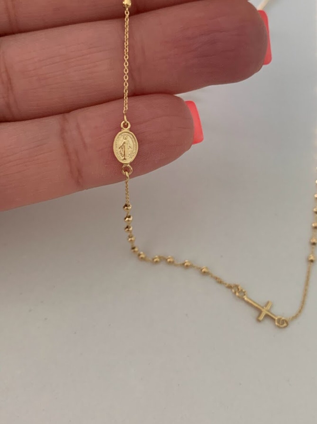14K Yellow Gold Rosary Necklace, Solid Gold Rosary Necklace, Miraculous ...