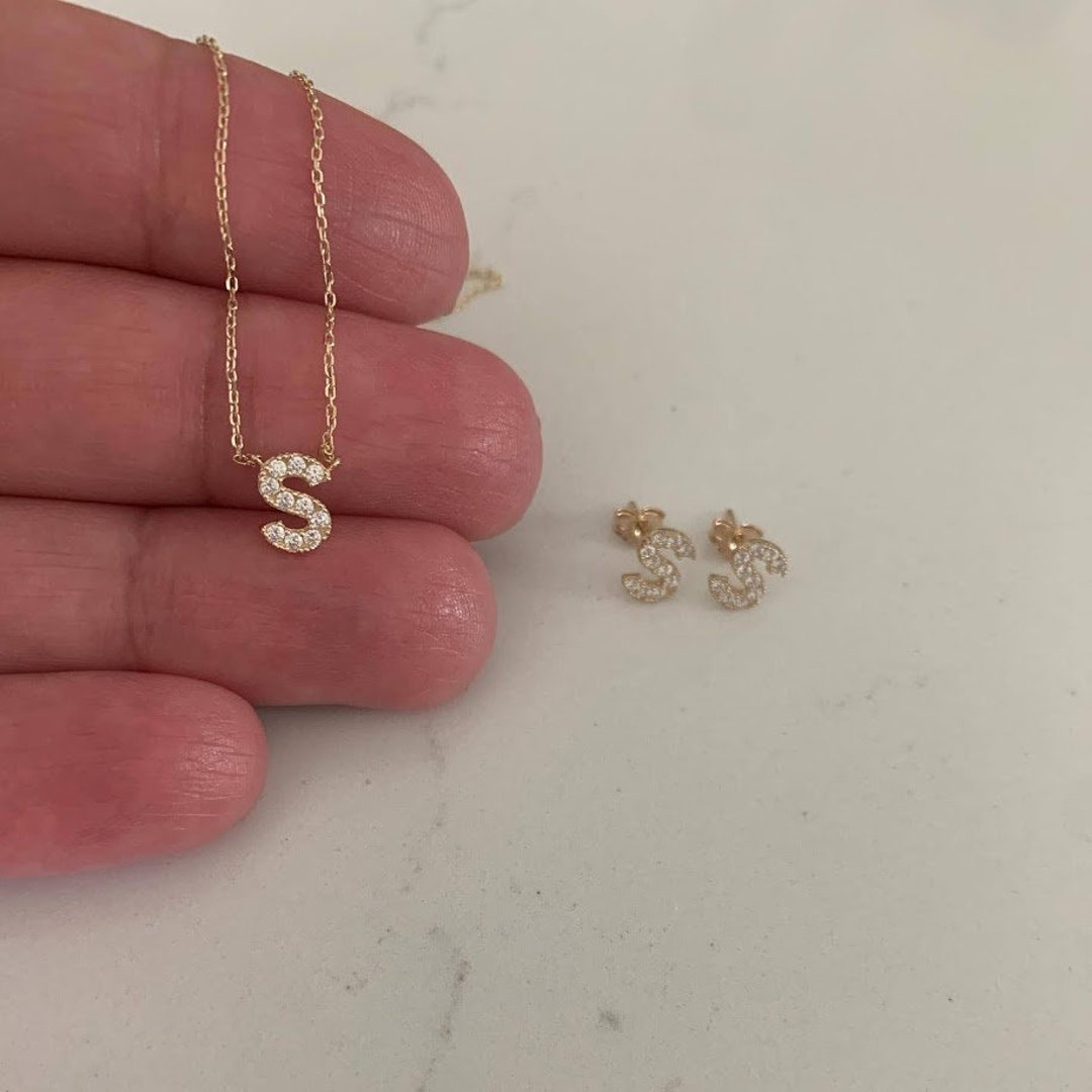 14k Gold Initial Necklace, Cubic Zirconia Initial Necklace in 14k Gold ...