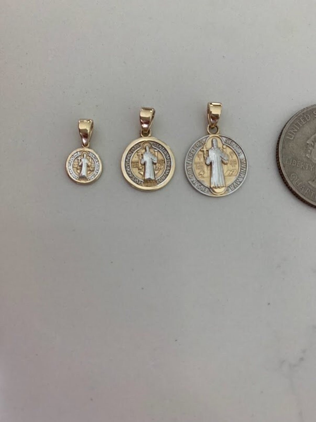 14K Solid Gold Saint Benedict | Yellow and White Religious | Saint ...