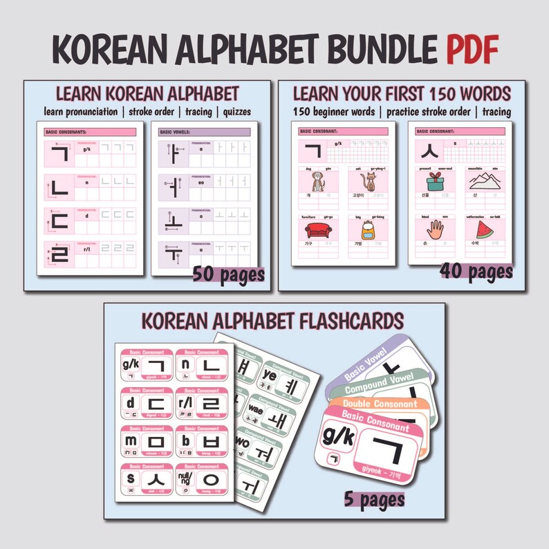 KOREAN Learn Korean Alphabet BUNDLE, Korean Hangul Alphabet, 150 Korean Vocabulary Words, Korean ...