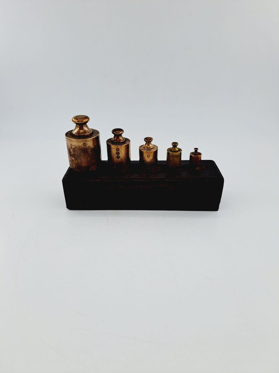 Set of Five Antique Brass Scale Weights in Wooden Block - Etsy