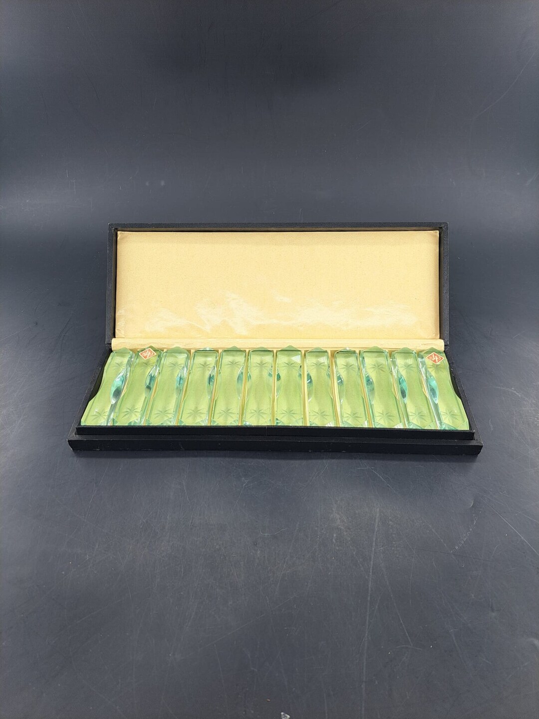 Set of Twelve Art Deco Antique Bohemian Crystal Knife Rests in Original ...