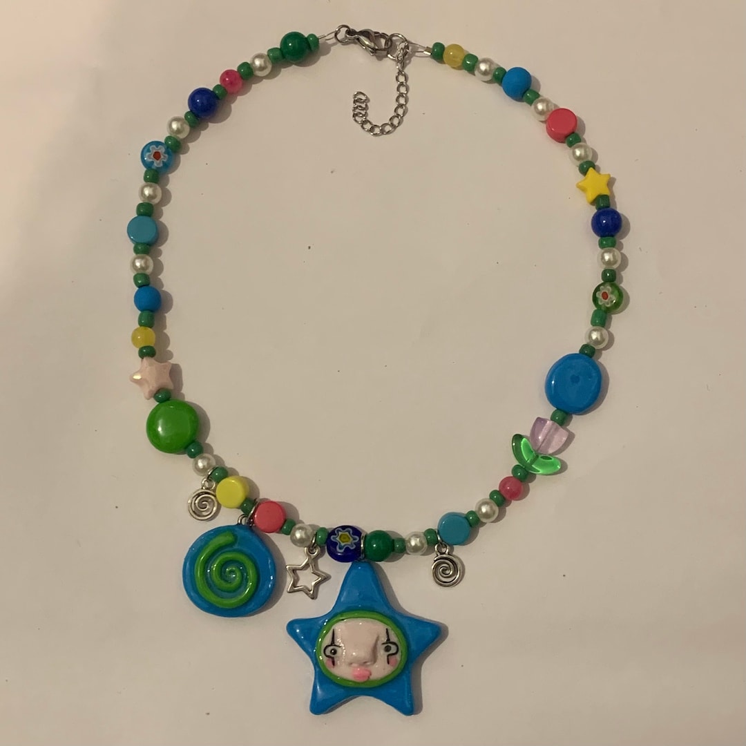 Blue Clown Face Beaded Necklace 3 - Etsy
