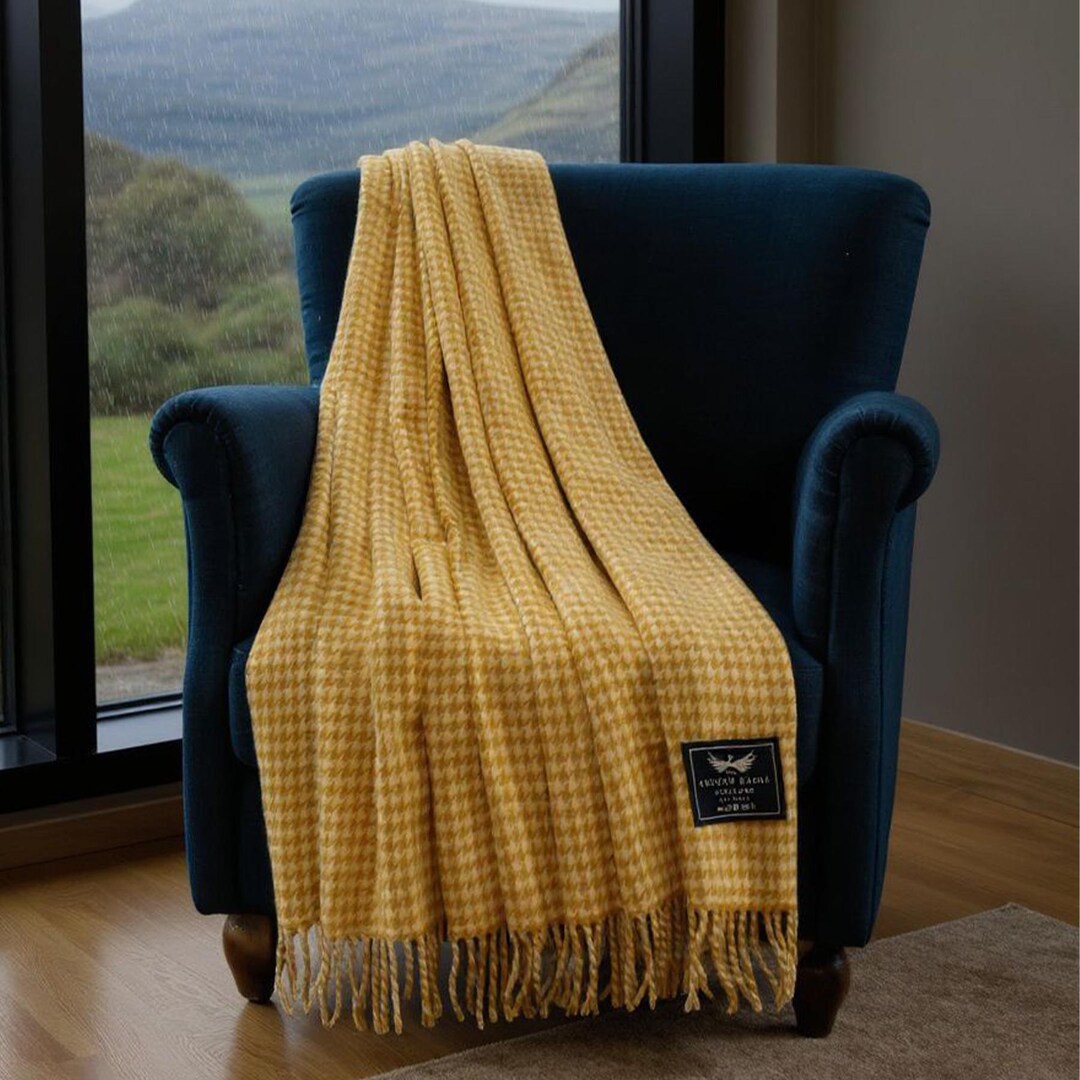Houndstooth Recycled Wool Throw – Mustard Cream Eco Blanket - Etsy