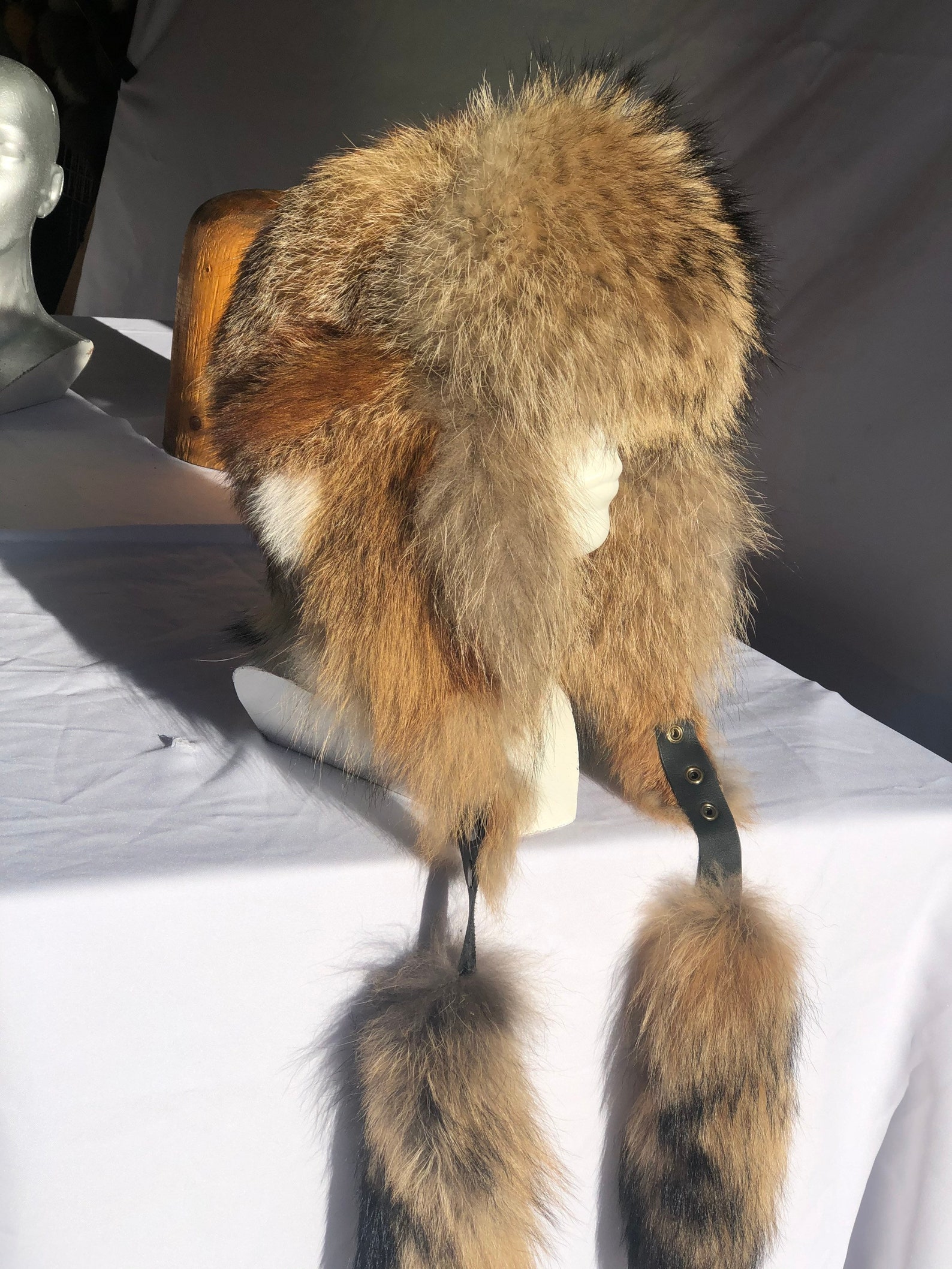 Red Fox / Raccoon Front Natural Full Men’s Hat Trappers Ushanka ...