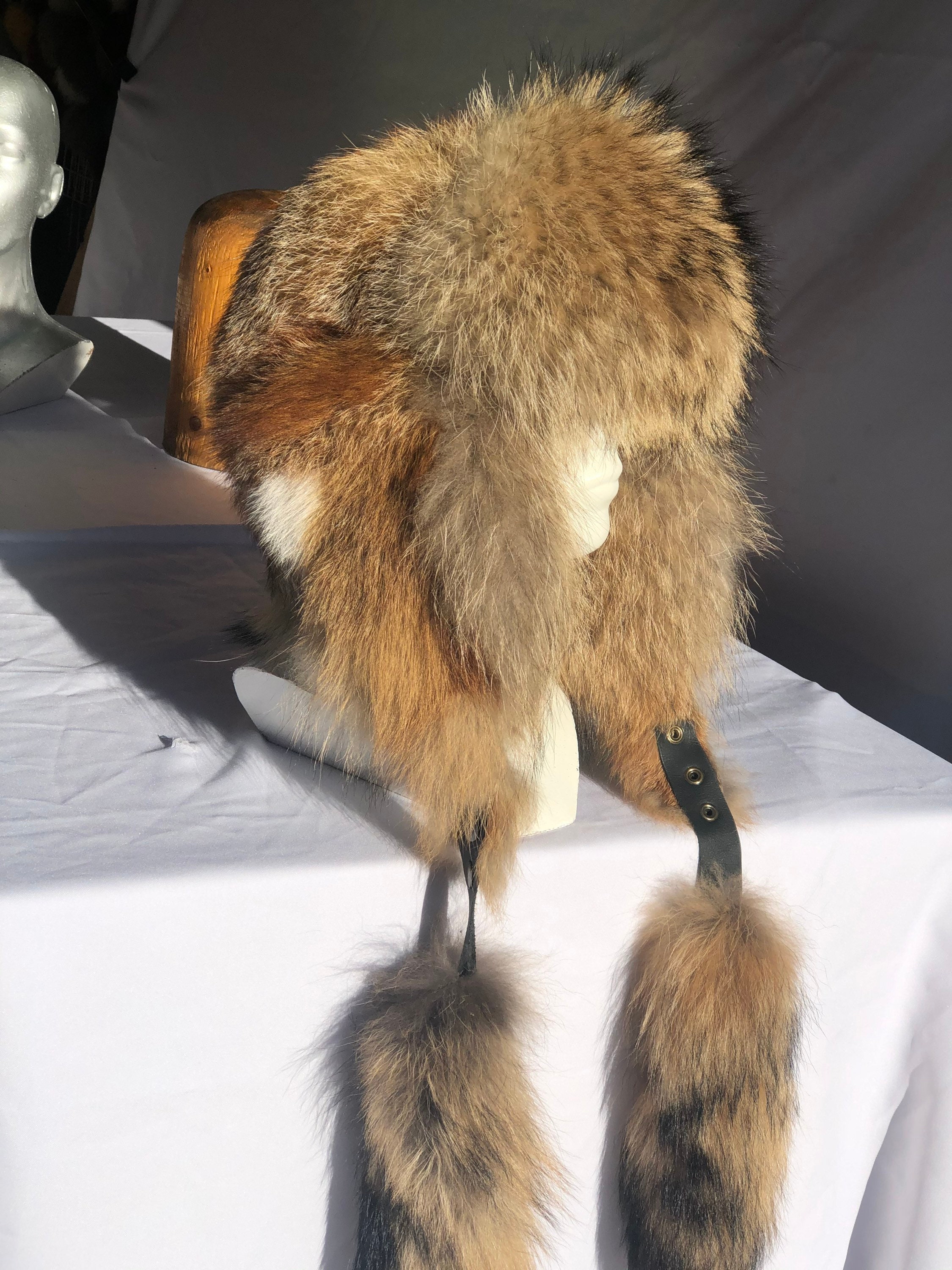 Red Fox / Raccoon Front Natural Full Men’s Hat Trappers Ushanka ...