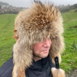 Red Fox / Raccoon Front Natural Full Mens Hat Trappers Ushanka ...