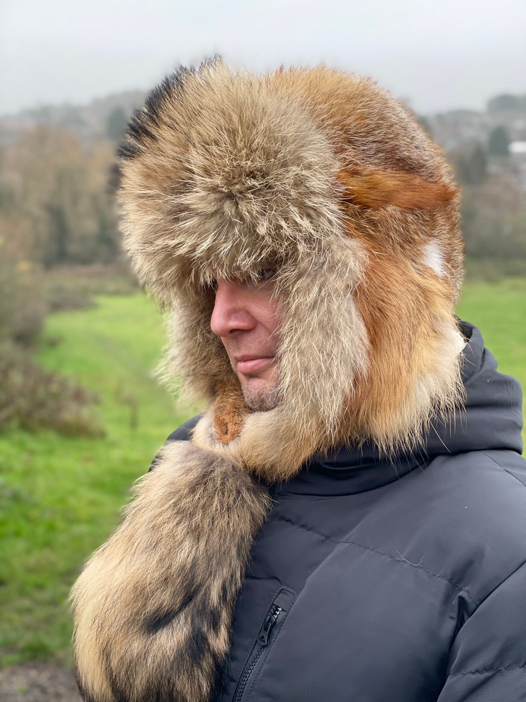 Red Fox / Raccoon Front Natural Full Mens Hat Trappers Ushanka ...