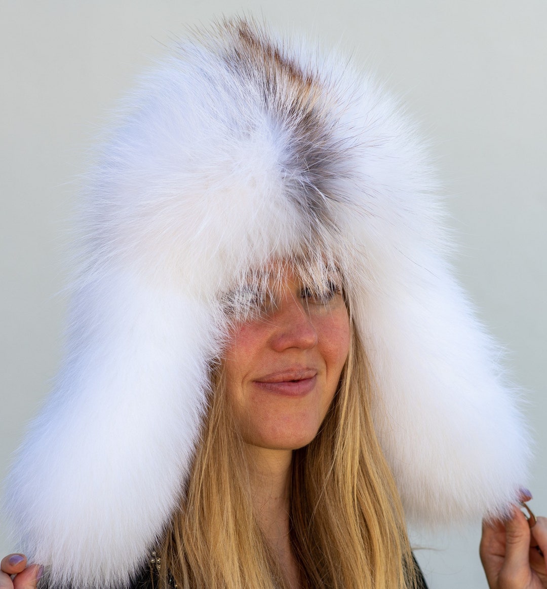Natural White Fox Cross Fox & Leather Womens Trappers Hat SAGA ...