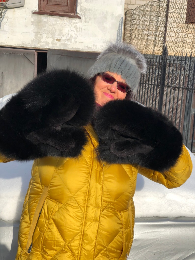 Womens Silver / Fox Double Mittens inner and Outer Gloves Super Warm ...