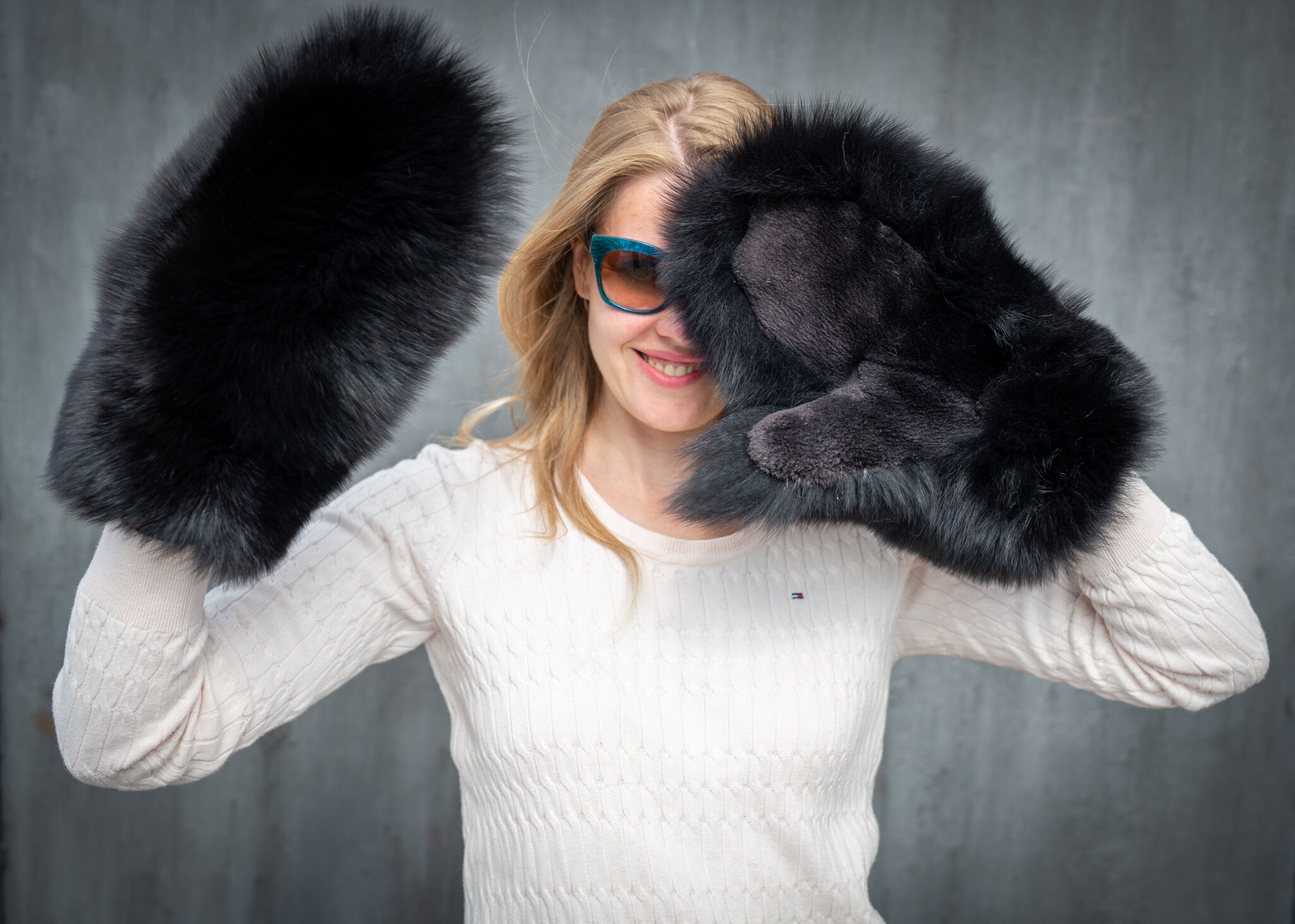 Women’s Silver / Fox Double Mittens (inner and Outer Gloves) Super Warm ...