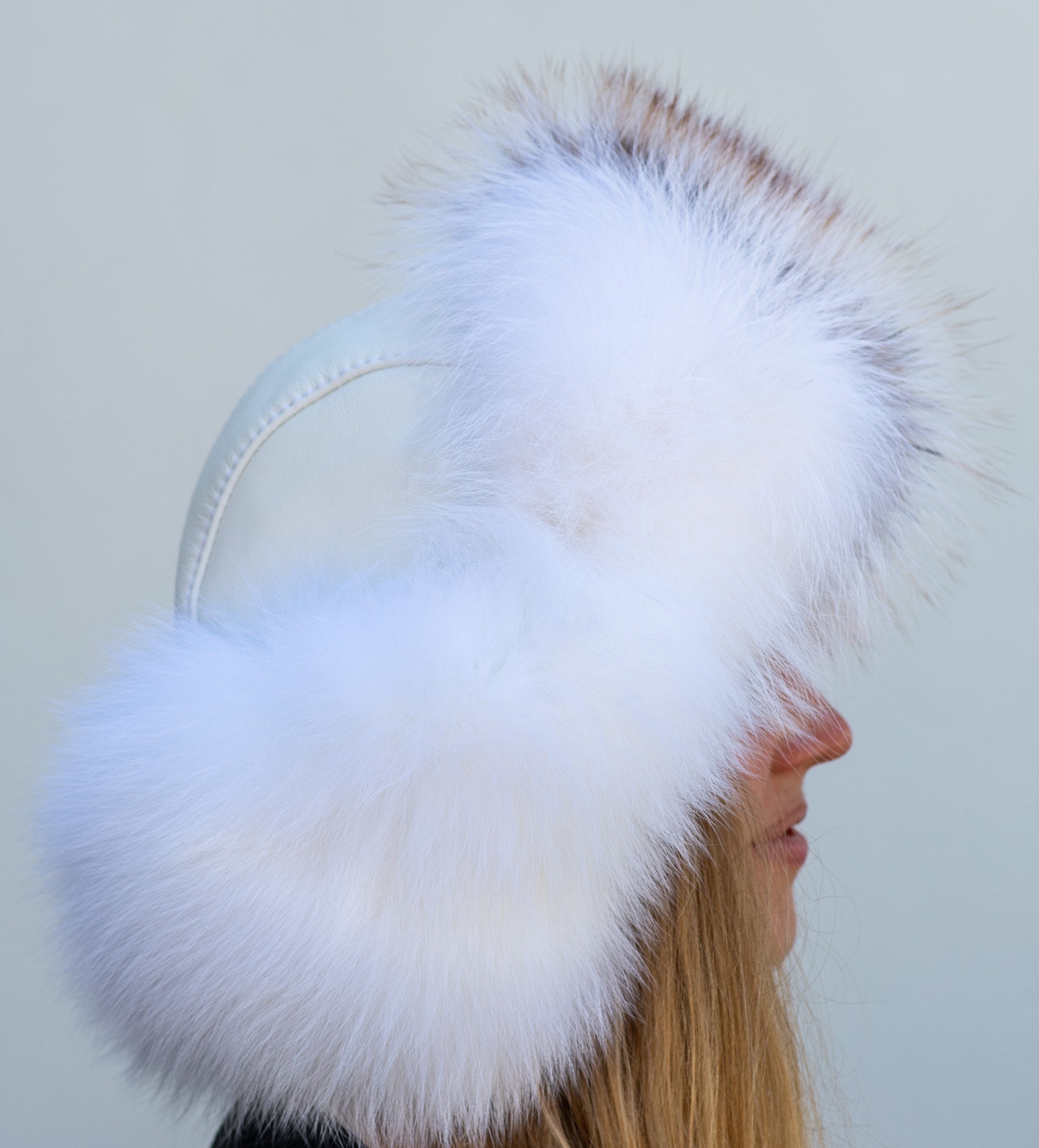 Natural White Fox Cross Fox & Leather Womens Trappers Hat SAGA ...