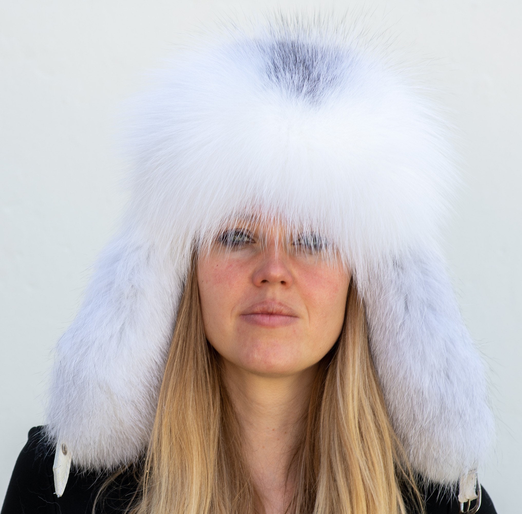 Natural White Fox Cross Fox & Leather Womens Trappers Hat SAGA ...
