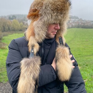Red Fox / Raccoon Front Natural Full Mens Hat Trappers Ushanka ...
