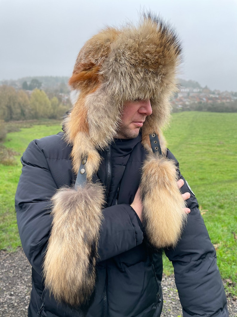Red Fox / Raccoon Front Natural Full Mens Hat Trappers Ushanka ...