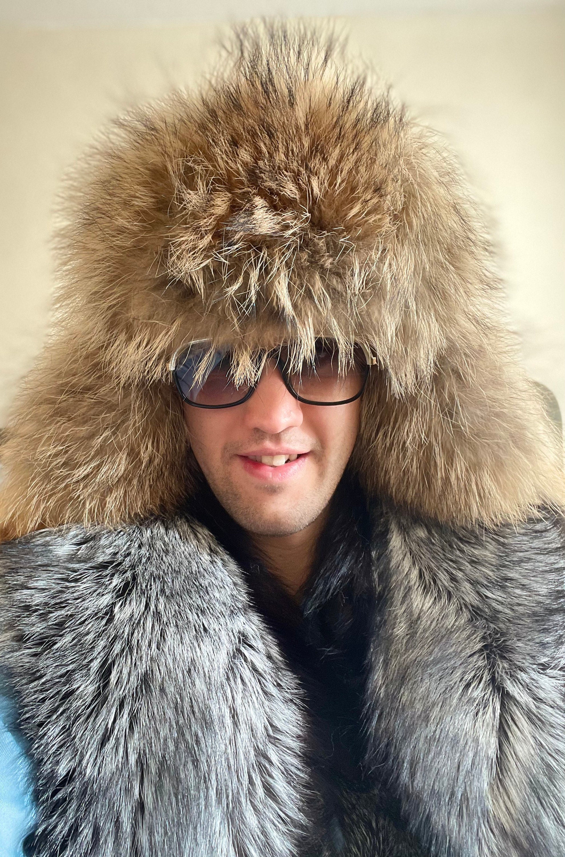 Red Fox / Raccoon Front Natural Full Men’s Hat Trappers Ushanka ...