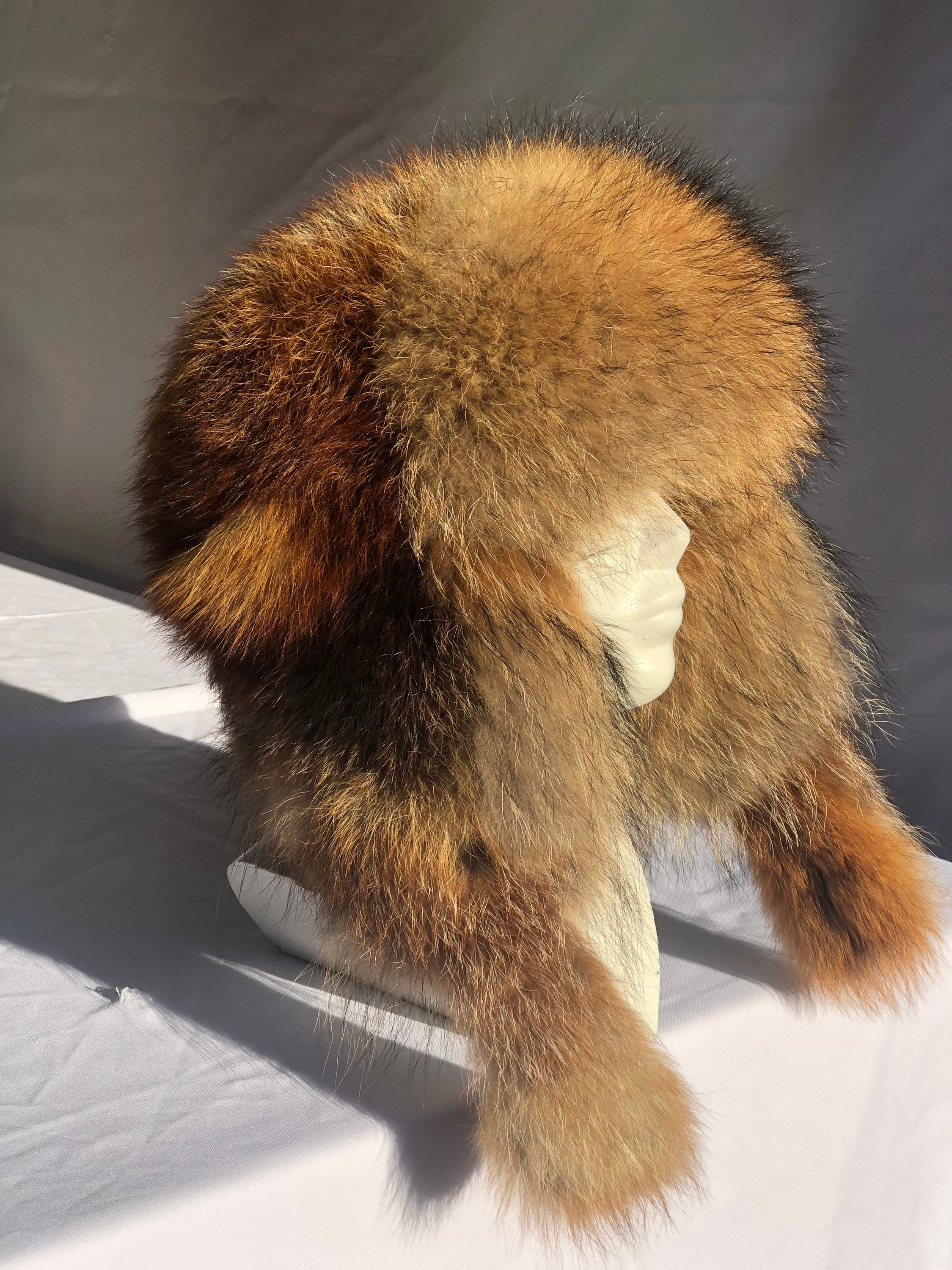Red Fox / Raccoon Front Natural Full Men’s Hat Trappers Ushanka ...
