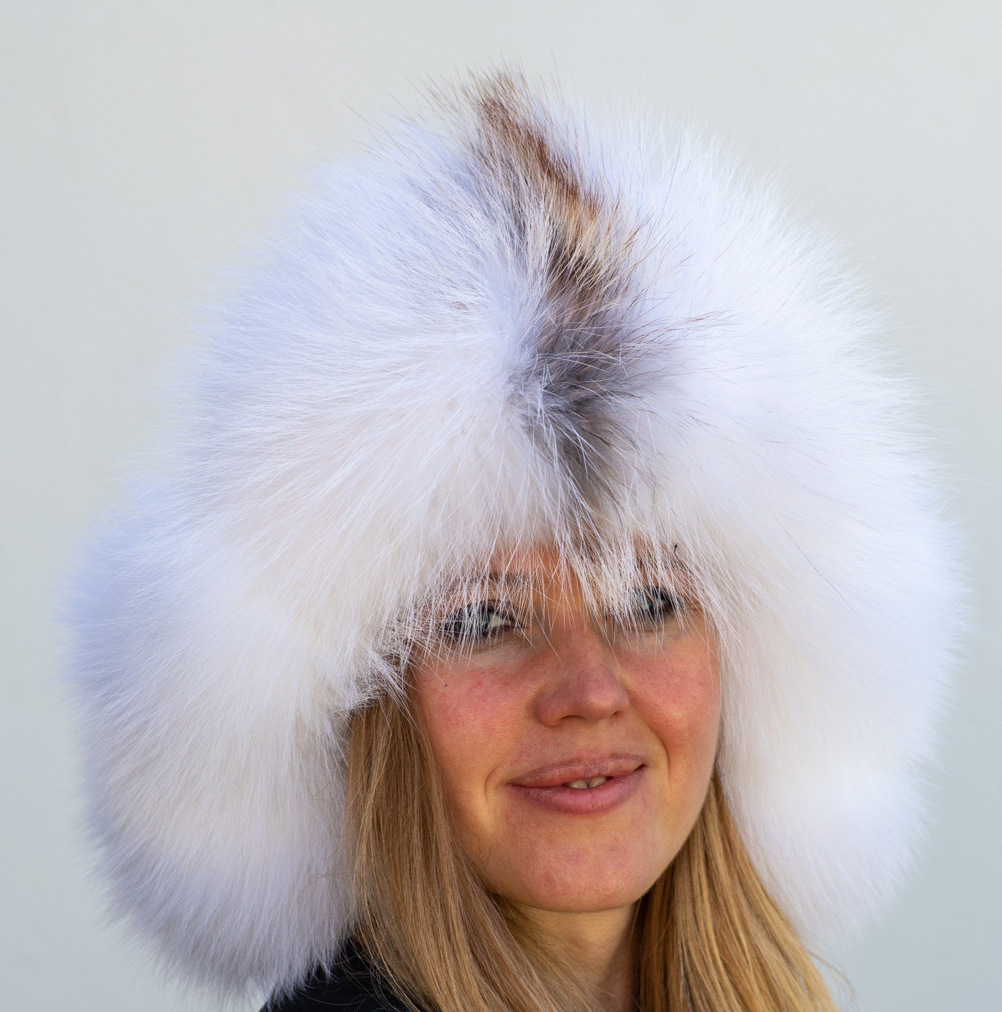 Natural White Fox Cross Fox & Leather Womens Trappers Hat SAGA ...