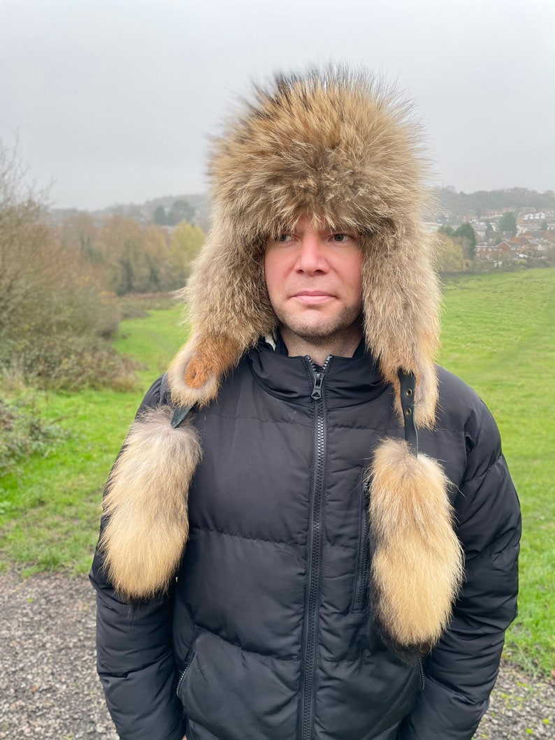 Red Fox / Raccoon Front Natural Full Mens Hat Trappers Ushanka ...