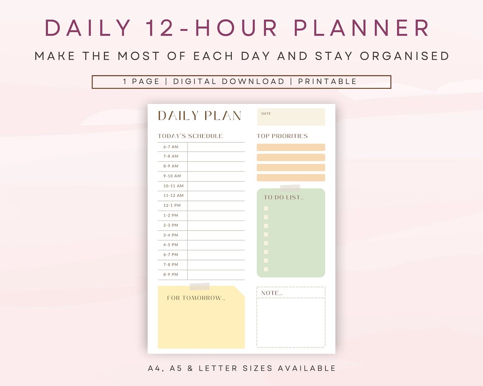 12 Hour Daily Planner, Work Day Organiser, Productivity Planner ...