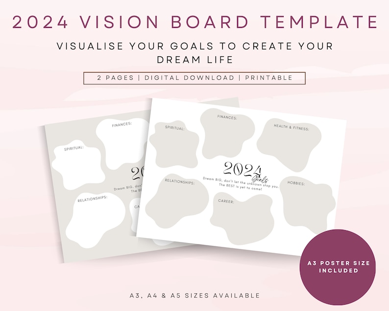 2024 Vision Board Template Printable, Mood Board Template for 2024, New ...