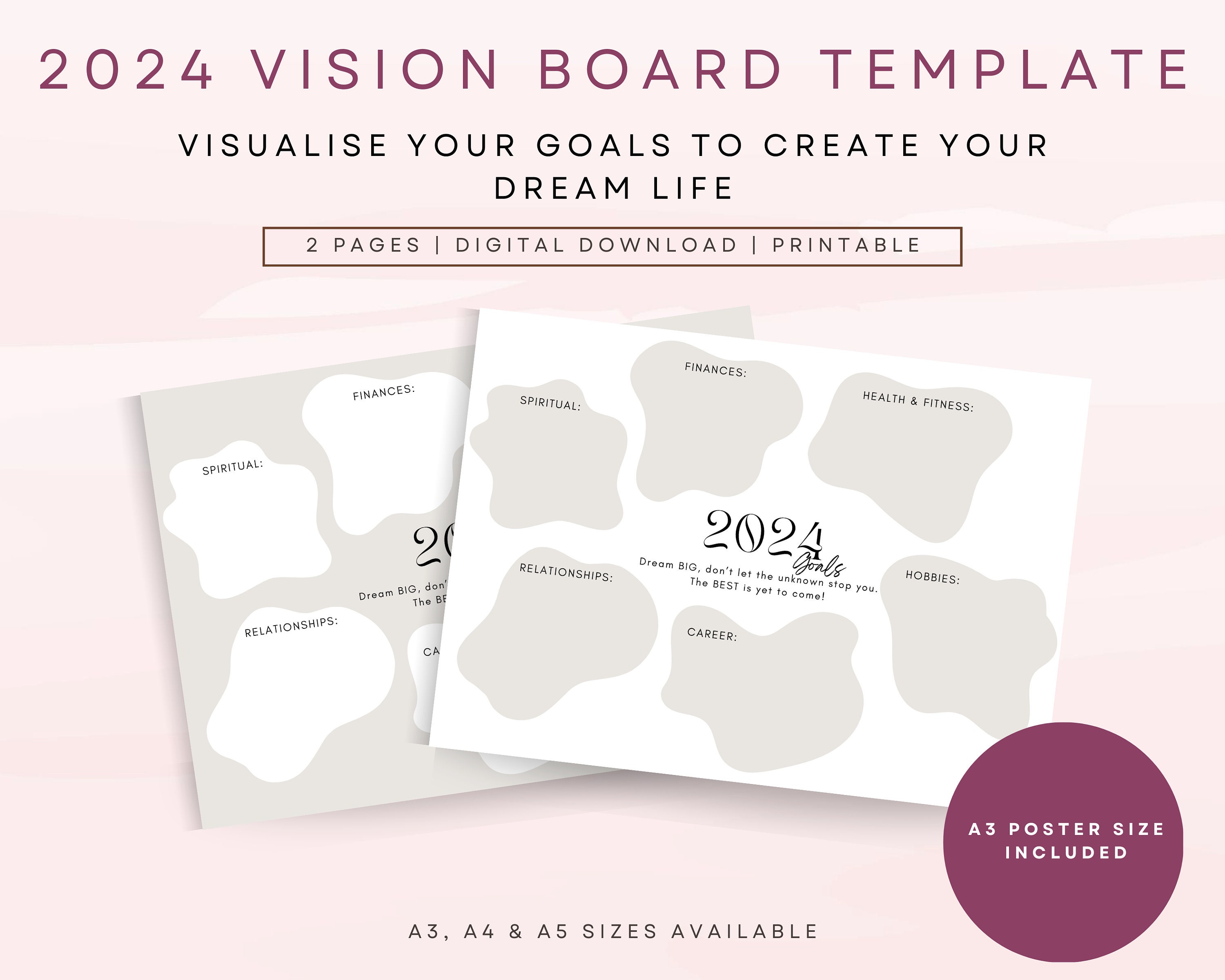 2024 Vision Board Template Printable, Mood Board Template for 2024, New ...