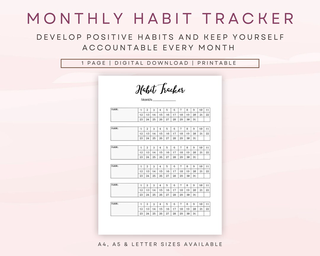 Monthly Habit Tracker Printable, 30 Day Habit Challenge, Self ...