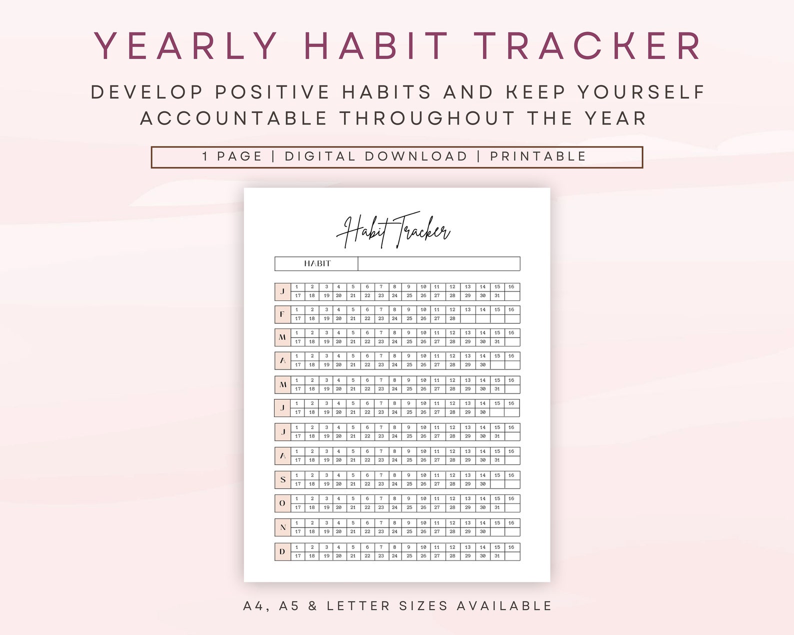 Yearly Habit Tracker Printable, 365 Day Habit Challenge, 12 Month Habit ...