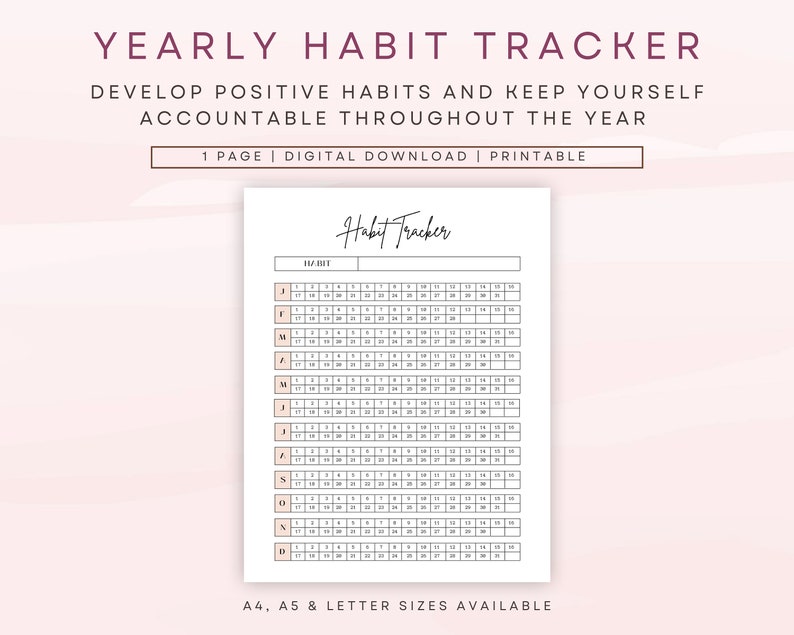 Yearly Habit Tracker Printable, 365 Day Habit Challenge, 12 Month Habit ...